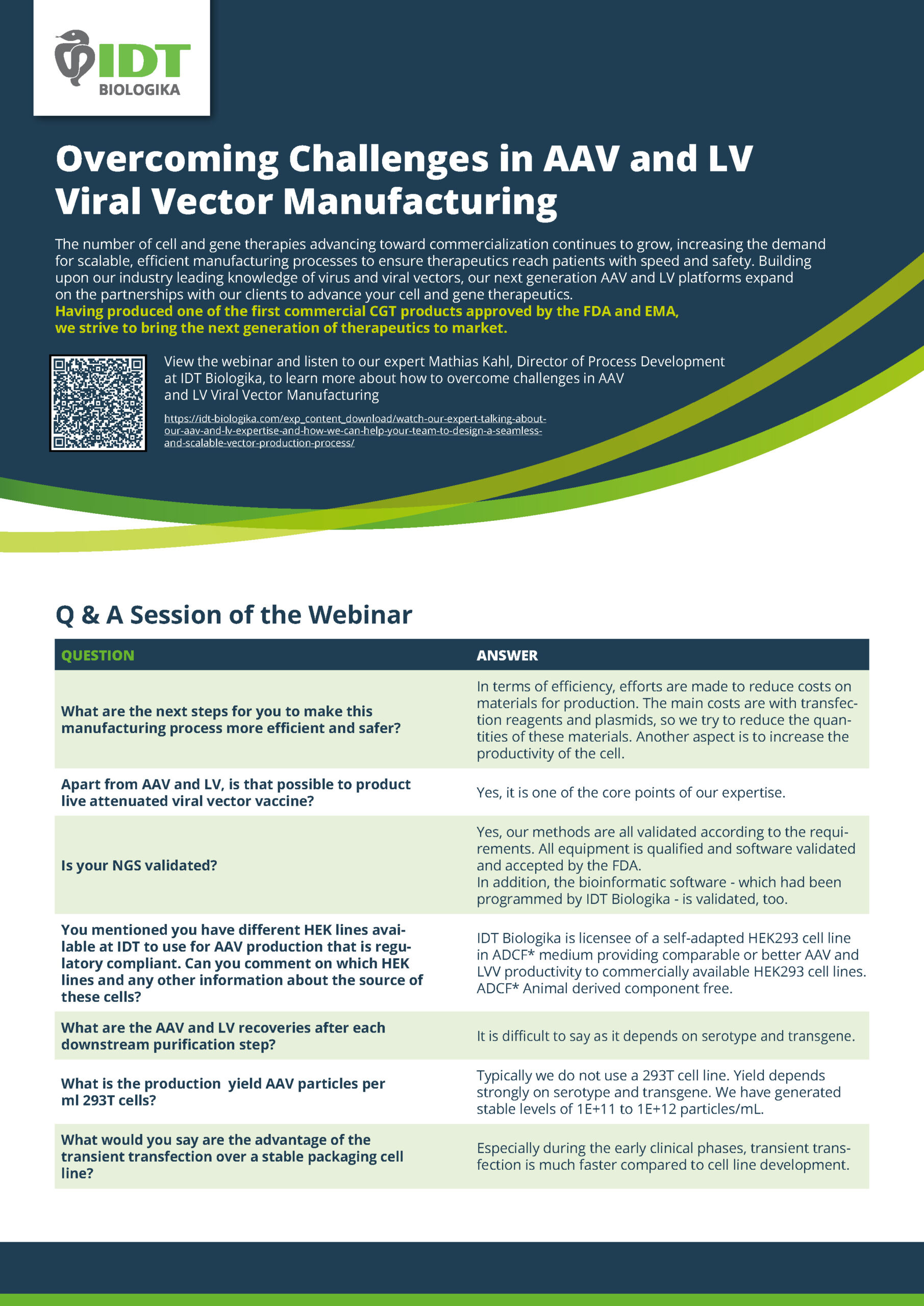 Q&A Session of the Webinar: Overcoming Challenges in AAV and LV Viral Vector Manufacturing - IDT ...